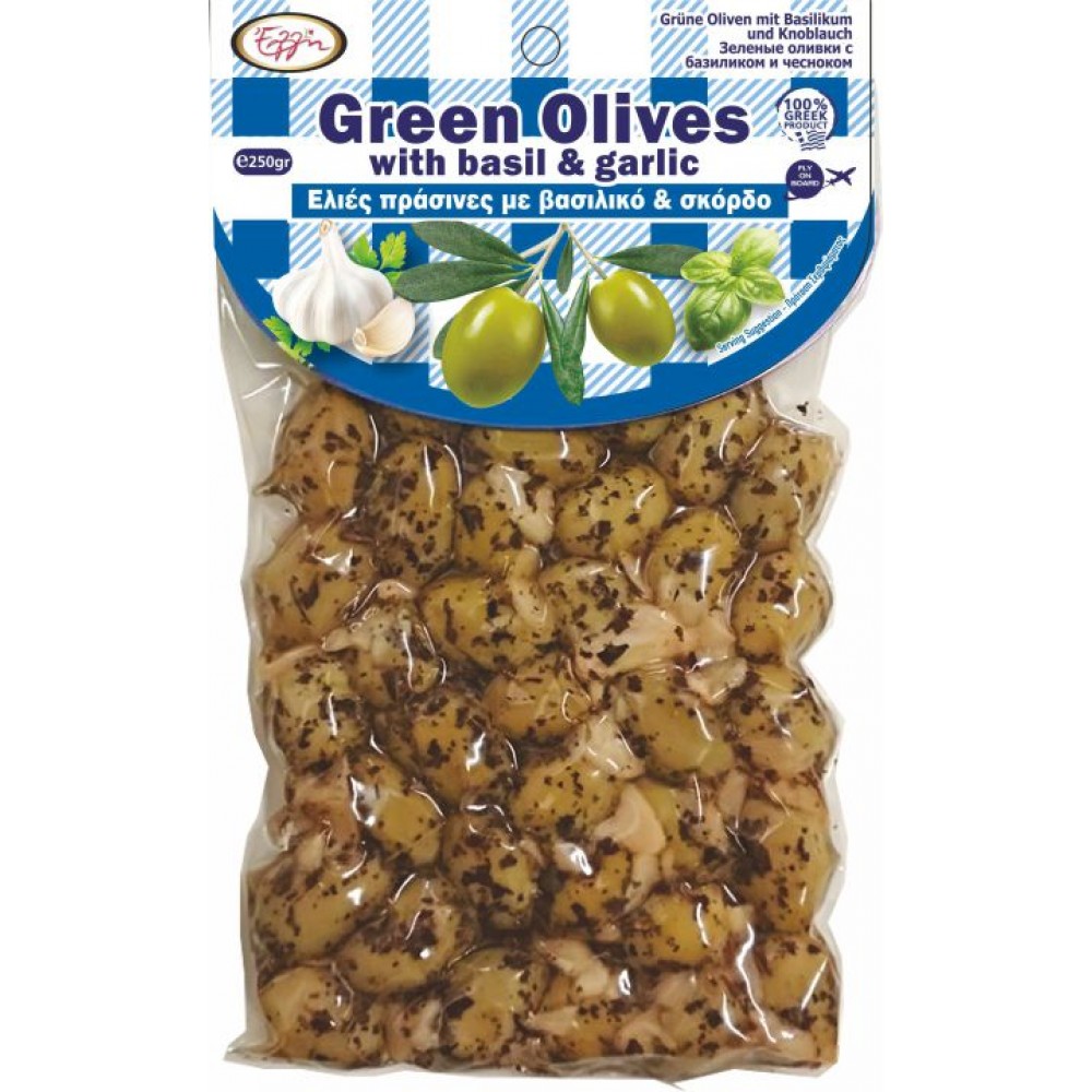 Green olives with Basil & Garlic (vacuum pack 250g)